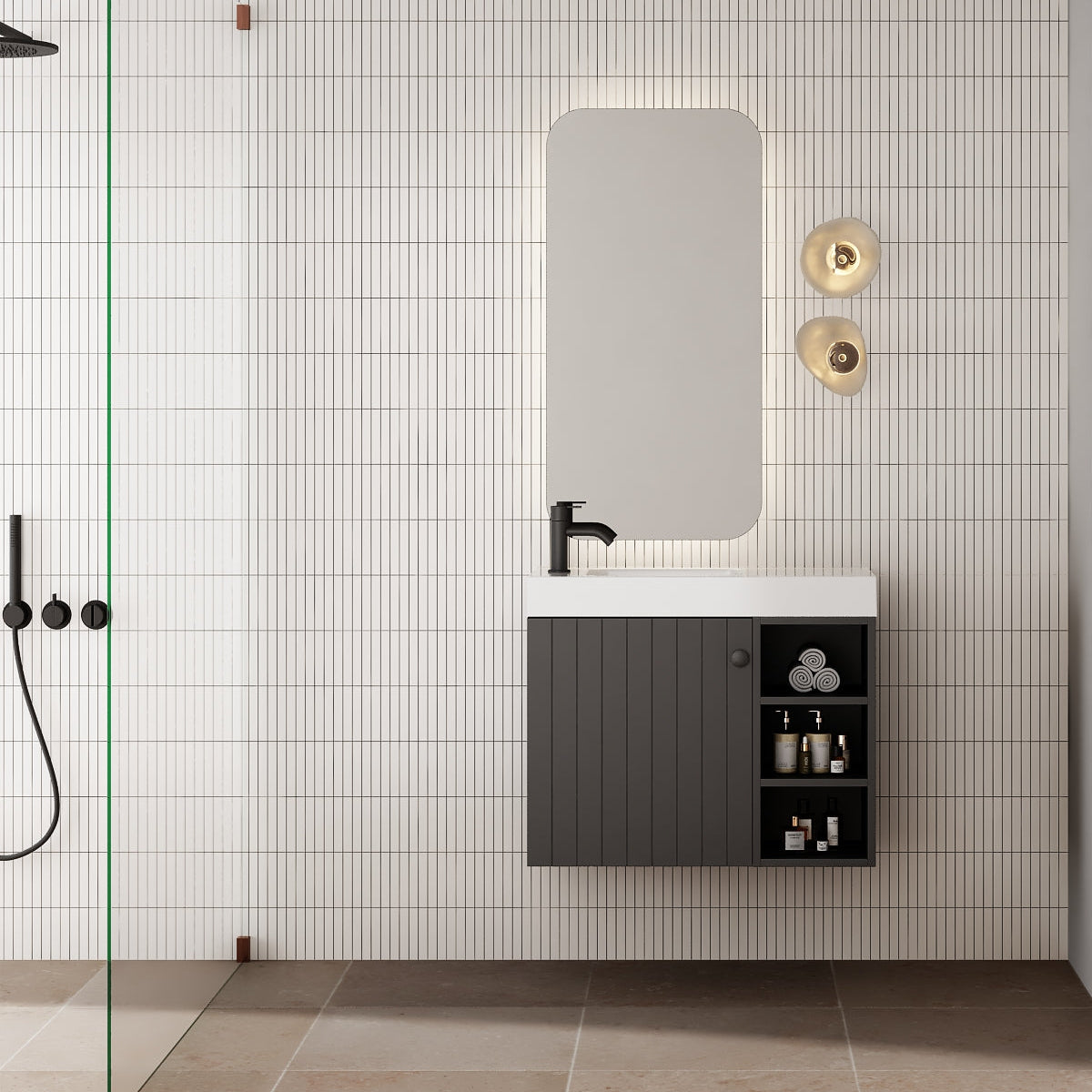 Milano Vee Groove 700mm Small Space Vanity with Shelf-Matte Black ...