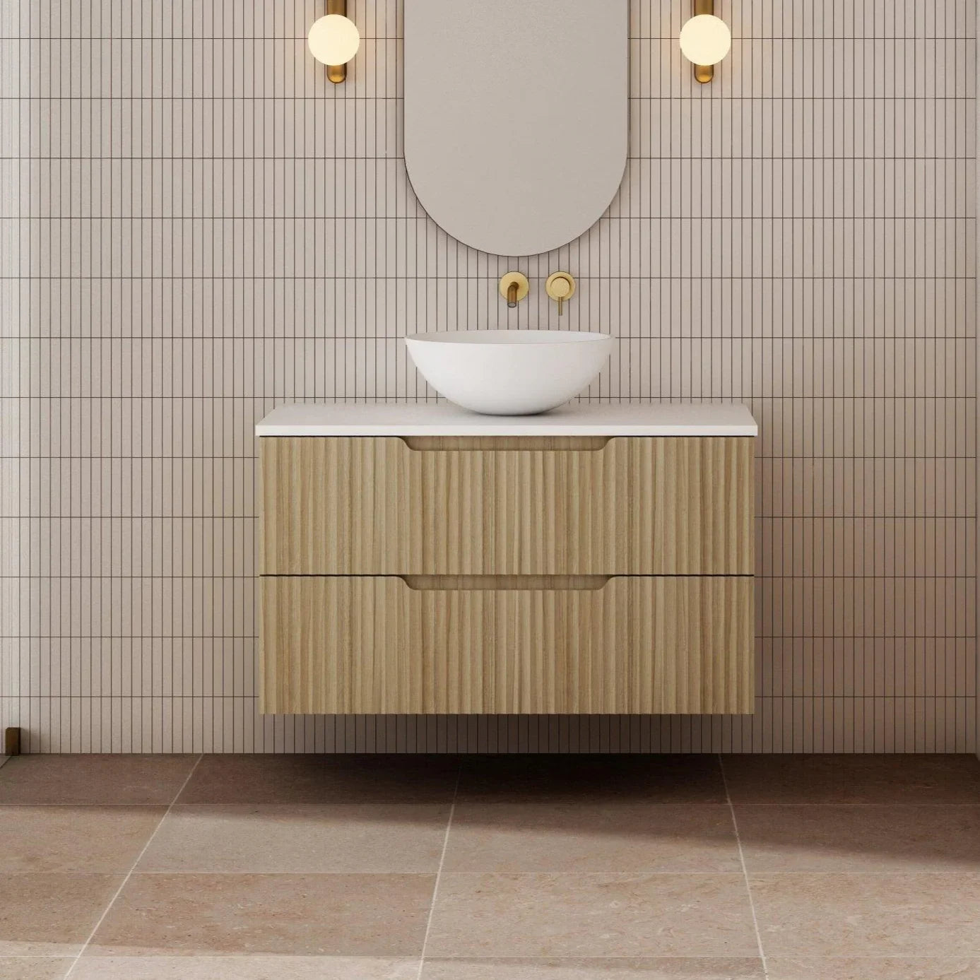 Milano Wave Flute 900mm Wall Hung Vanity Natural Oak – Ideal Bathroom ...